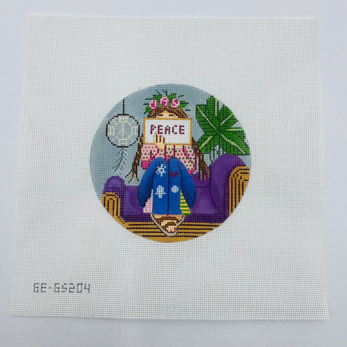 Hippie Stitching Girl Round Canvas – KC Needlepoint