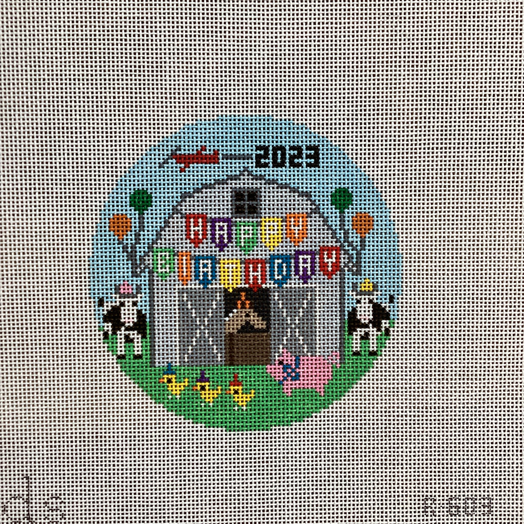 Birthday Barn Round Needlepoint Canvas | KC Needlepoint