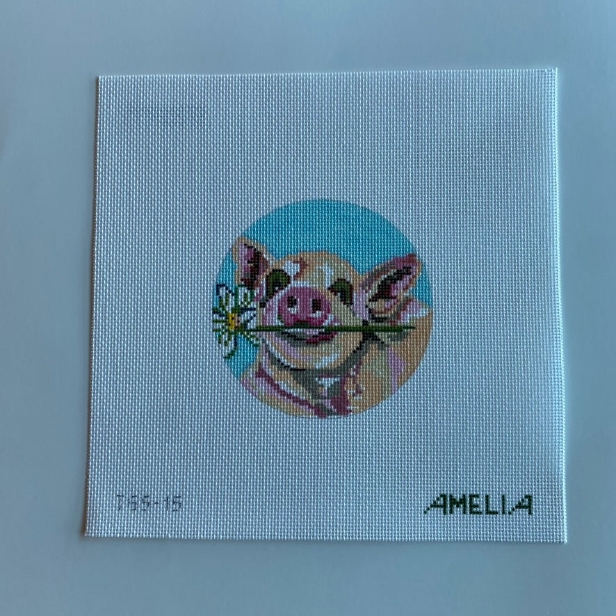 Daisy the Pig Round Canvas – KC Needlepoint