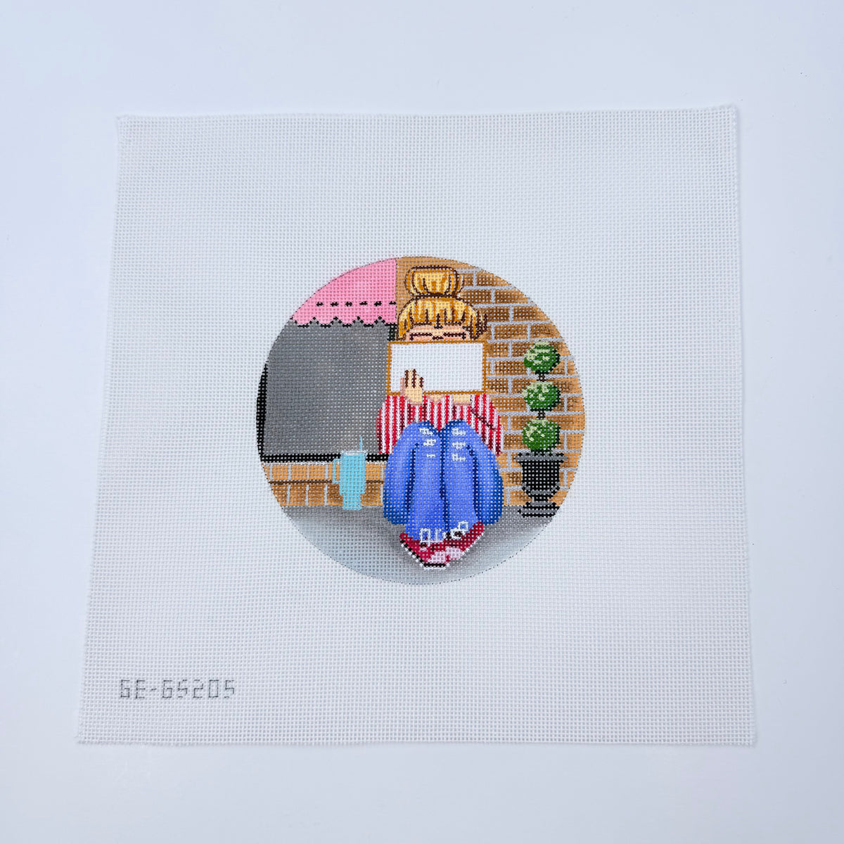 Stitching Girl Round Canvas – KC Needlepoint
