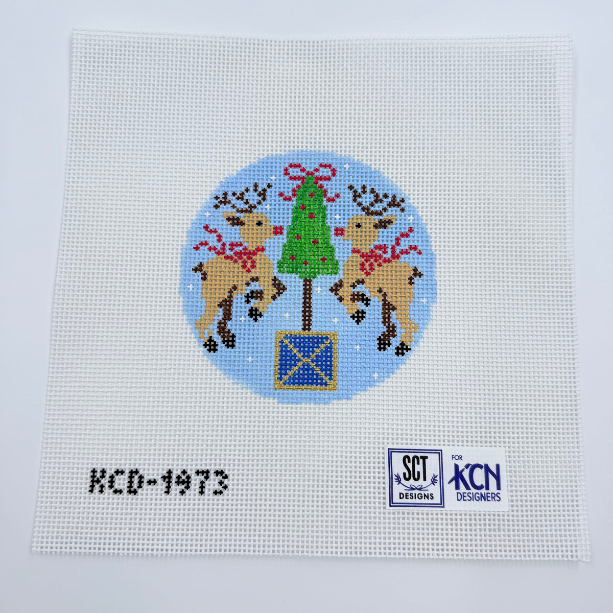 Rudolph with Topiary Blue Canvas – KC Needlepoint