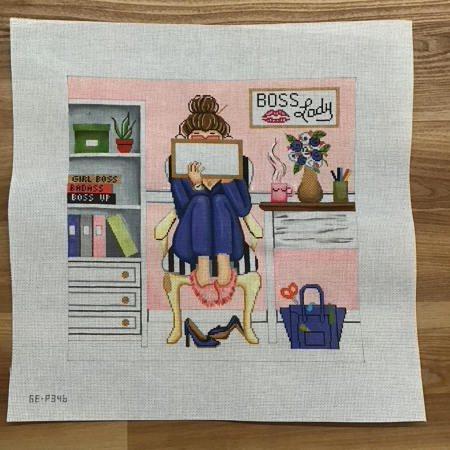 Boss Lady Stitching Girl Needlepoint Canvas | KC Needlepoint