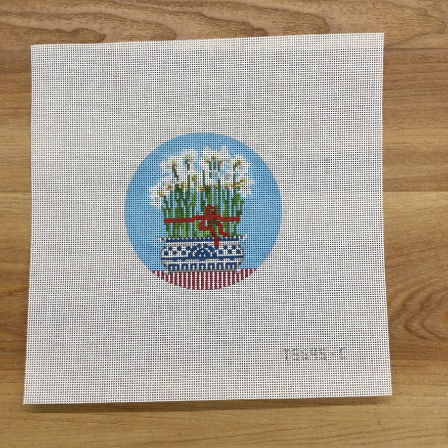 Paper Whites Round Canvas | KC Needlepoint