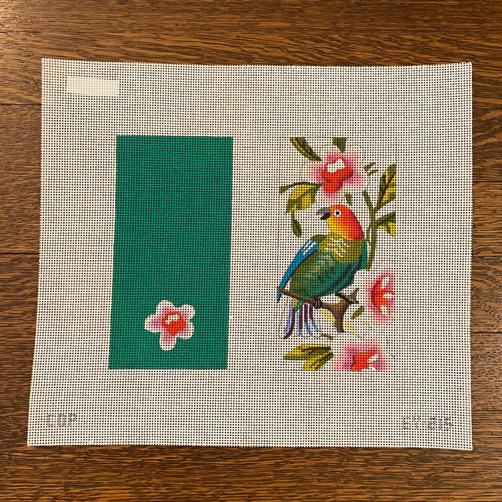 Green Parrot Pink Floral Eyeglass Case Canvas | KC Needlepoint